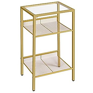 HOOBRO Tall End Table, Tempered Glass Telephone Table with Mesh Shelf, 3-Tier High and Narrow Side Table for Small Space, Sofa, Living Room, Bedroom, Easy Assembly, Modern Style, Gold GD04DH01