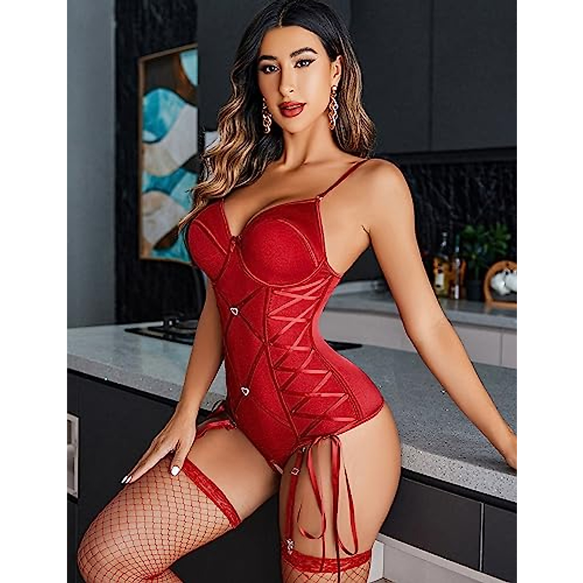 Avidlove Women Garter Lingerie Set Satin Bodysuit Babydoll Sexy Lingerie Wine Red L