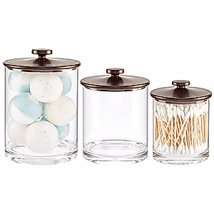 mDesign Plastic Apothecary Canister Jar Storage Organizer for Bathroom, Bedroom, Vanity, Kitchen Cabinet Organization - Holds Cotton Swab - Lumiere Collection - Set of 3 - Clear/Bronze