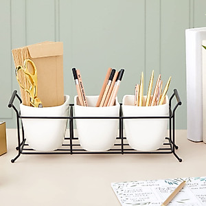 White Ceramic Utensil Holder, Flatware Caddy with Metal Stand (13 x 4 x 5 In)
