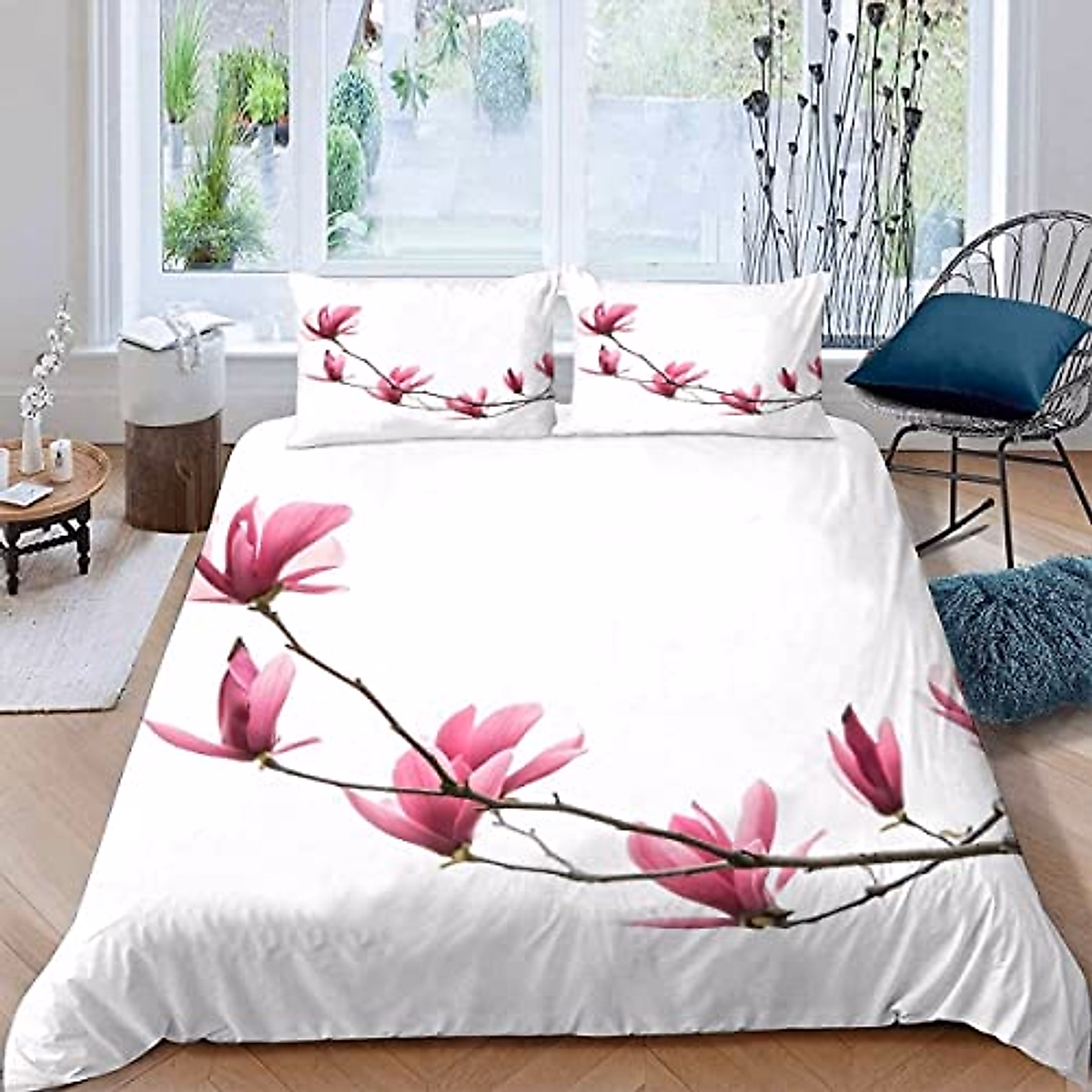 Quilt Cover Twin Size Pink Flower 3D Bedding Sets Magnolia Duvet Cover Breathable Hypoallergenic Stain Wrinkle Resistant Microfiber with Zipper Closure,beding Set with 2 Pillowcase