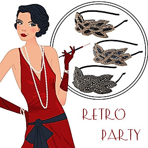 Tatuo 3 Pieces 1920s Flapper Headbands for Women 20s Vintage Headpiece Rhinestone Beaded Leaf Hairband Hair Accessory