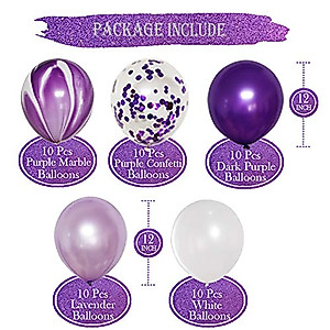50 Pcs 12 Inches Purple and White Balloons, Purple Confetti Balloons, Purple and Lavender Balloons, Helium Balloons for Wedding Birthday Party Decorations Balloon Garland Arch Purple Theme Graduation