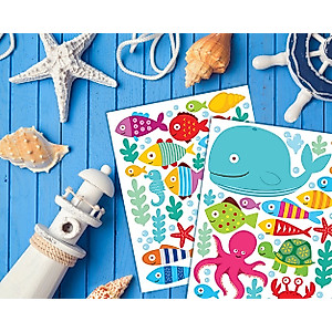 Ocean Fish Wall Decals – Sea Whale Turtle Tropical Creatures Bathroom Stickers - Cartoon Decorative Bathroom Wall Decal for Kids [>50 Art Decals]