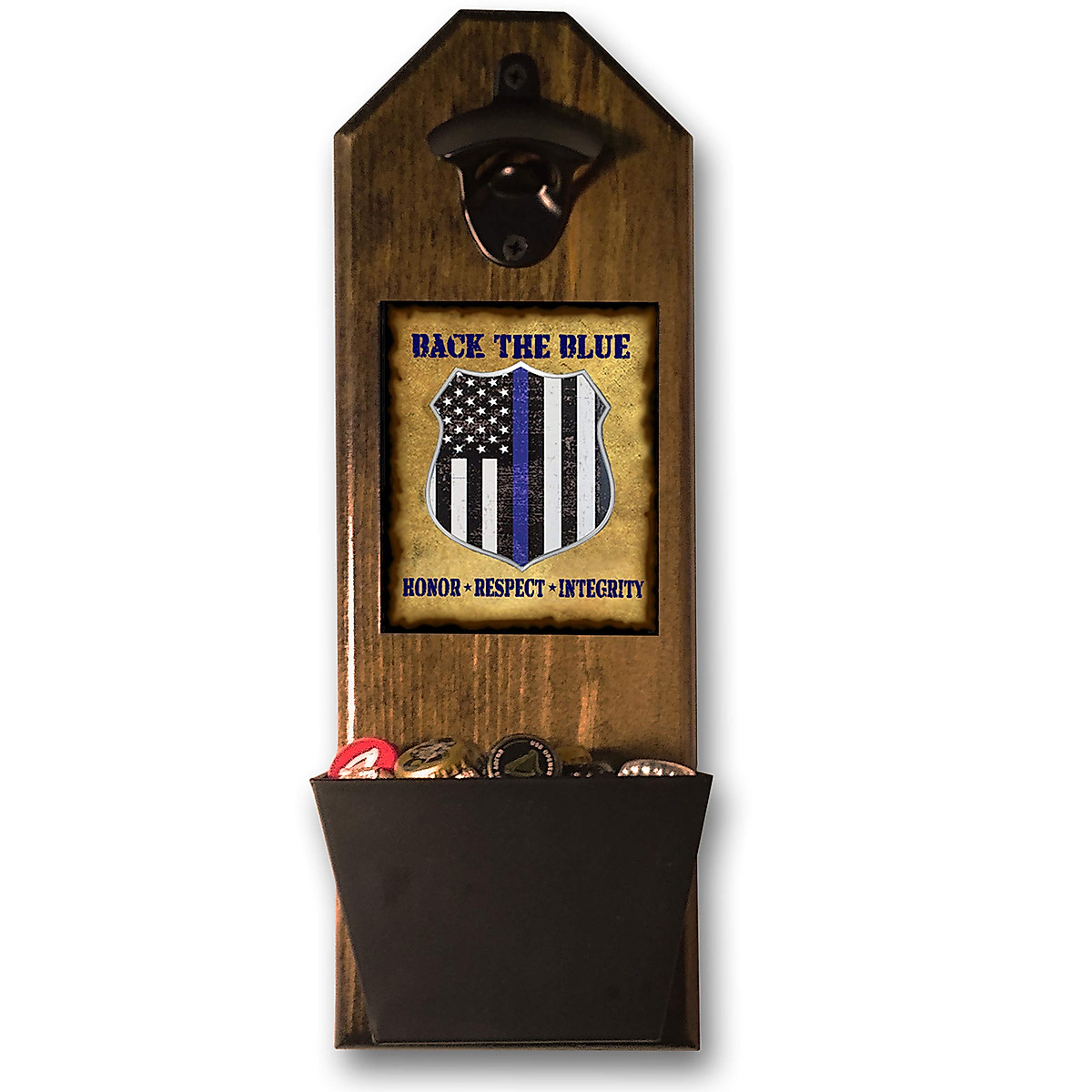 Back the Blue - Law Enforcement - Bottle Opener and Cap Catcher - Handcrafted by a Vet - 100% Solid Pine 3/4" Thick - Unique Rustic Sign, Wall Mounted - Thin Blue Line - Police - Great Gift