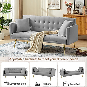 Anwick Modern Velvet Futon Sofa Bed: 72" Satin Convertible 2 Pillows Tufted Back Golden Metal Legs Folding Sleeper Loveseat for Small Space Home Office Living Room (Grey)
