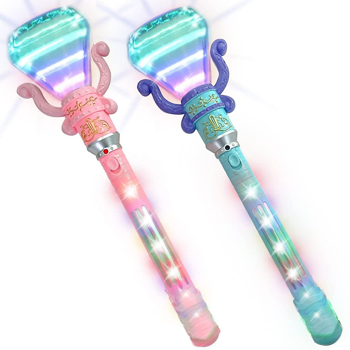 ArtCreativity Light Up Princess Wands for Kids (Set of 2) - Pink and Blue Fairy Wands with Spinning LEDs, Batteries Included - Light Up Wands for Girls and Boys, Perfect Pretend Play Toys