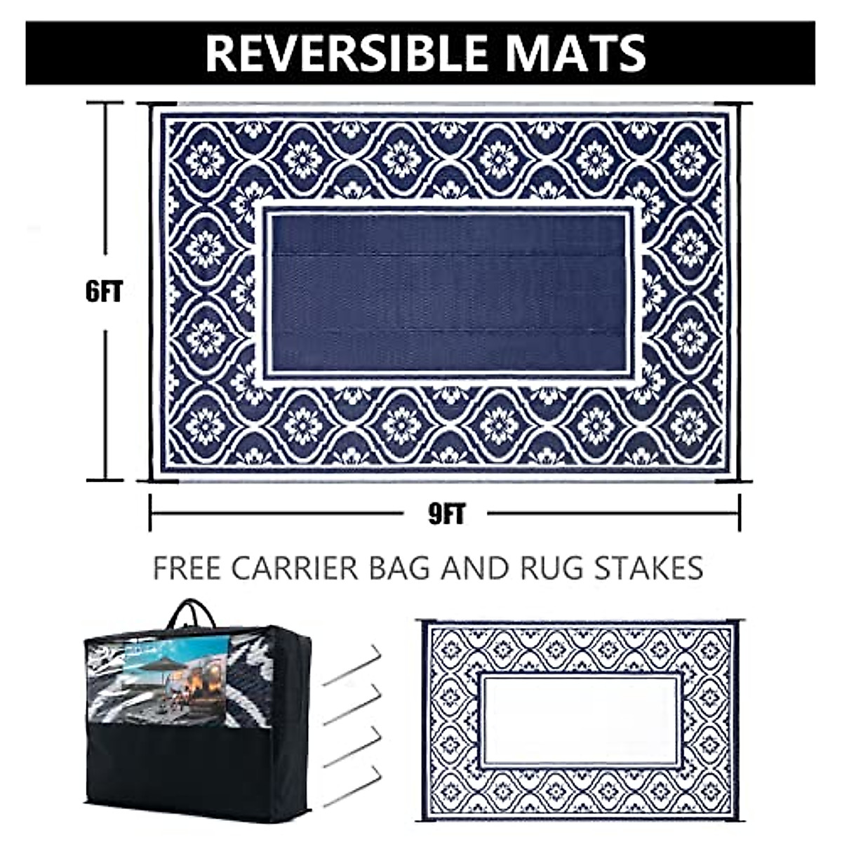 HUGEAR RV Outdoor Rug Waterproof Mat Outdoor Rugs 6'x9' for Patios Clearance Carpet Outdoor Camping Rugs Large Plastic Straw Rug (Lantern Navy Blue&White)