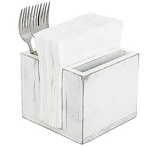 MyGift Vintage White Solid Wood Napkin Holder and Utensil Holder with 3 Compartments, Buffet Napkin and Flatware Holder Caddy