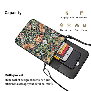 Striking Strawberry Thief Floral Art Crossbody Cell Phone Purse Wallet Bags With Shoulder Adjustable Strap For Women Teen Girls