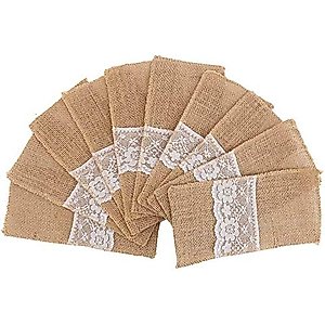 Lucky Monet 25PCS Silverware Holder Bag 4 x 8Inch Natural Burlap Lace Utensil Holder Cutlery Pouch Wraps Bag Hessian Knife Fork Tableware Bags for Wedding Party Restaurant Decoration (25PCS)
