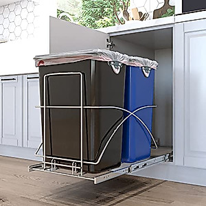 Home Zone Living 15.3 Gallon Pull Out Under Cabinet Trash Can, Large Dual Removable Liners for Recycling and Trash (7.65 + 7.65 for 15.3 Gallon Total)