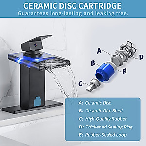 Y-Garhe LED Bathroom Sink Faucet - Matte Black Single Hole or 4 Inch Centerset Waterfall Faucet with Glass Spout and Temperature-Sensitive LED Lights, Includes Deck Plate