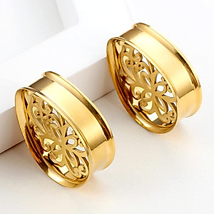 Casvort 2 PCS Stainless Steel Gold Double Flared 9/16'' Teardrop Ear Plugs Tunnels Gauges Stretcher Piercings Body Jewelry