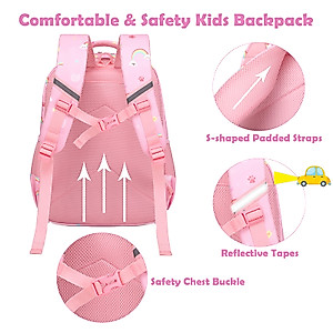 Girls Backpack with Lunch Bag Set, 3PCS Pink Unicorn Cat School Backpack with Pencil Case Large Capacity School Bookbags with Chest Strap for Preschool Kindergarten Elementary Girls