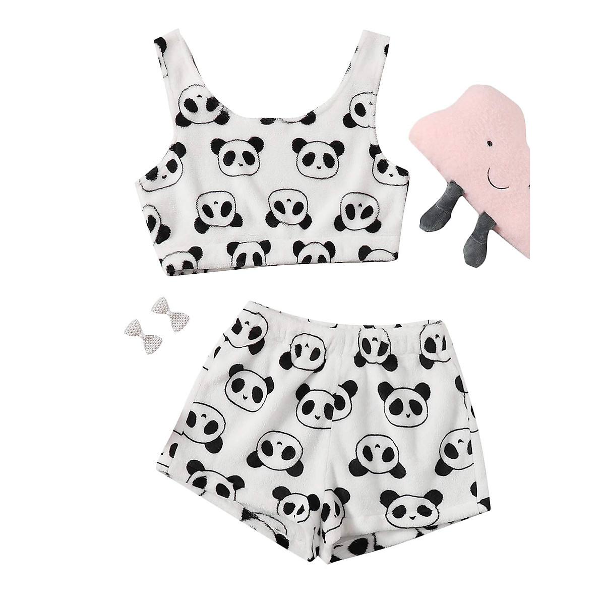 SweatyRocks Women's Fuzzy Pajamas Set Crop Tank Top with Shorts Loungewear Panda White S