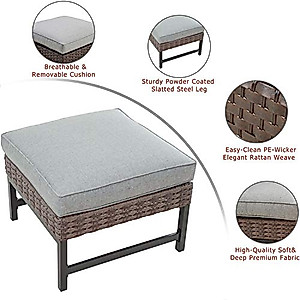 Festival Depot Patio Ottoman Square Wicker Footstool with Cushion for Foot Rest in Metal Frame All Weather Outdoor Furniture for Garden Yard Lawn