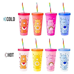 Silver Buffalo Care Bears Hearts and Stars 4 Pack Plastic Color Changing Tumblers with Rainbow Swirl Straws Featuring Tenderheart, Funshine, Cheer, and Grumpy Bear 24 Ounces