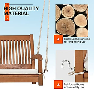 Tangkula 2 Person Hanging Porch Swing, Outdoor Bench Swing with Chains, High Back, Cozy Armrests, Heavy Duty 800Lbs Wooden Hanging Swing Chair with Cushion for Backyard, Deck, Garden