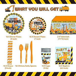 Construction Birthday Party Supplies, 207 Pcs Dump Truck Party Decoration For Boys Kids Birthday Party - Banner, Cake and Cupcake Toppers, Forks, Knives, Spoons, Straws, Plates, Balloons, Invitation Cards, Tablecloth, Party Signs, Cups, Napkins Serves 16