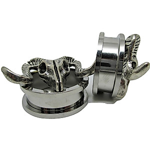 Pierced Republic Ram Skull Ear Plugs - Stainless Steel Screw-On Ear Plugs - 8 Sizes - Pair - New! (1" (25mm))