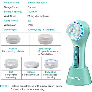 UMICKOO Face Scrubber Exfoliator,Facial Cleansing Brush Rechargeable IPX7 Waterproof with 5 Brush Heads,Electric Face Spin Brush for Exfoliating, Massaging and Deep Cleansing