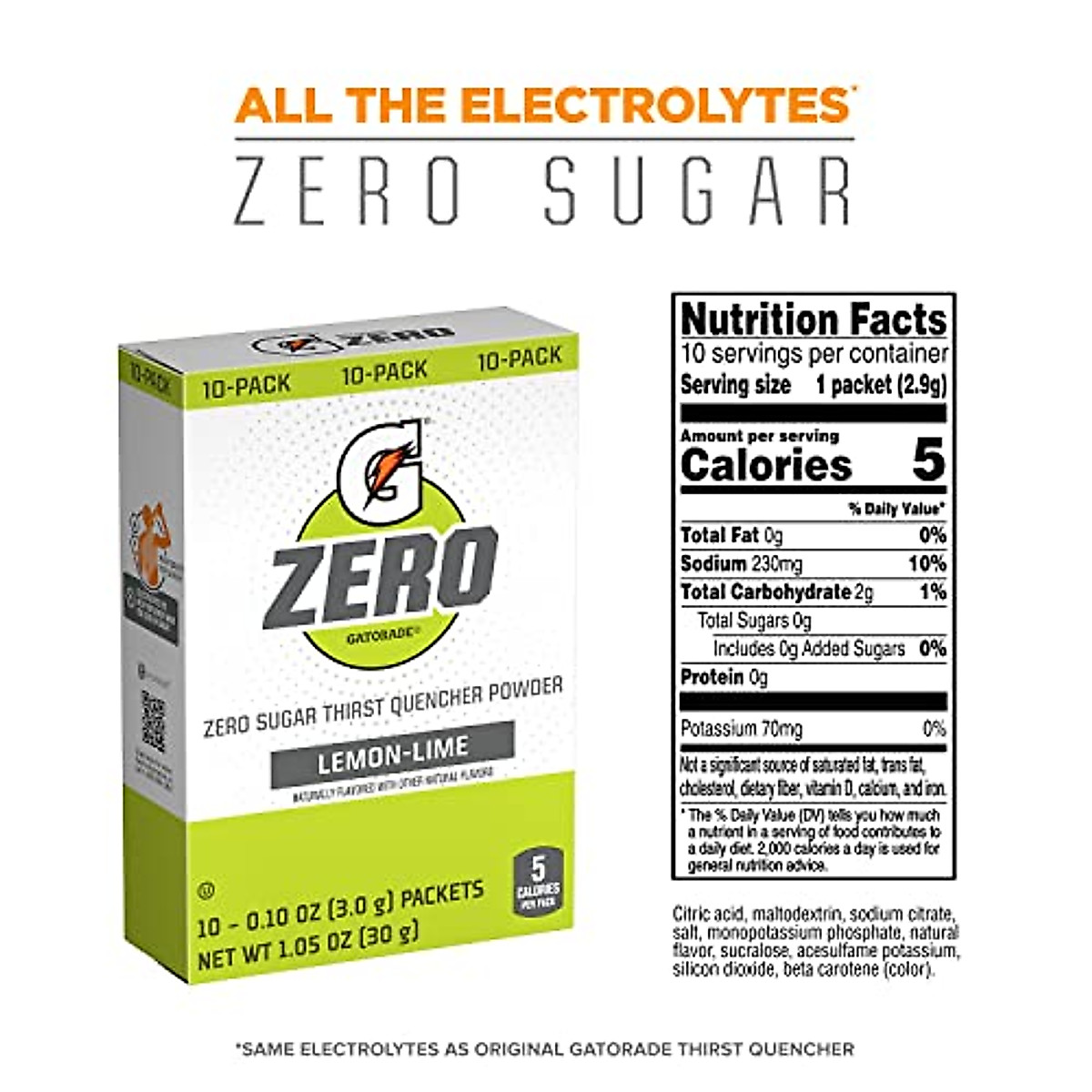 Gatorade G Zero Powder, Lemon Lime, 0.10oz Packets, 10 Count (Pack of 12)