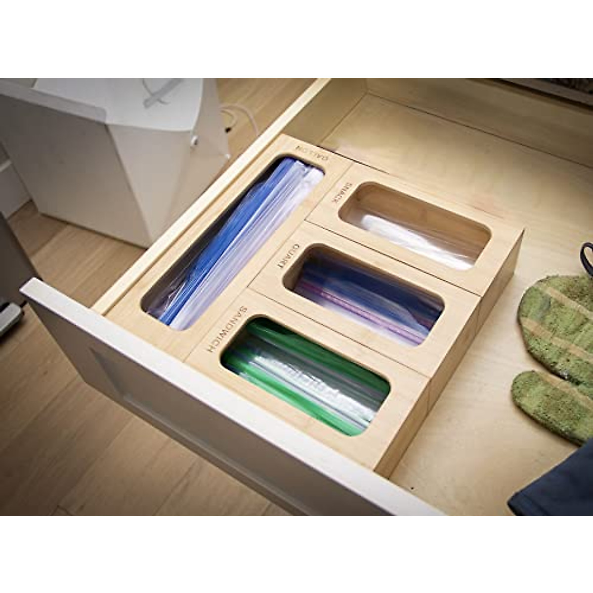 HEMMA Ziplock Bag Organizer, Premium Bamboo, Kitchen Drawer Organizer, Ziplock Bag Storage Organizer, Baggie Organizer, Compatible with Ziploc, Hefty, Solimo, etc. 4 Piece Set
