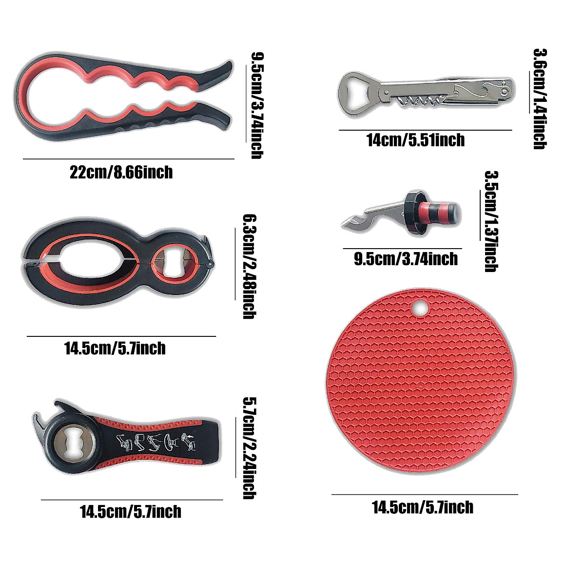 Multi Function Non-Slip Can Lid Opener Tools with Silicone Jar Gripper Pad, Suitable for Seniors, Children and Arthritic Hands (6-piece -set) Multi Opener Set with Rubber Jar Gripper Pad and Corkscrew