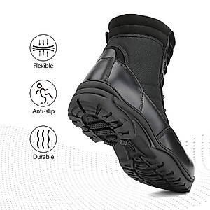 NORTIV 8 Mens Military Tactical Work Boots Side Zipper Leather Outdoor 8 Inches Motorcycle Combat Boots Size 12 Wide US Trooper-W, Black-8 Inches