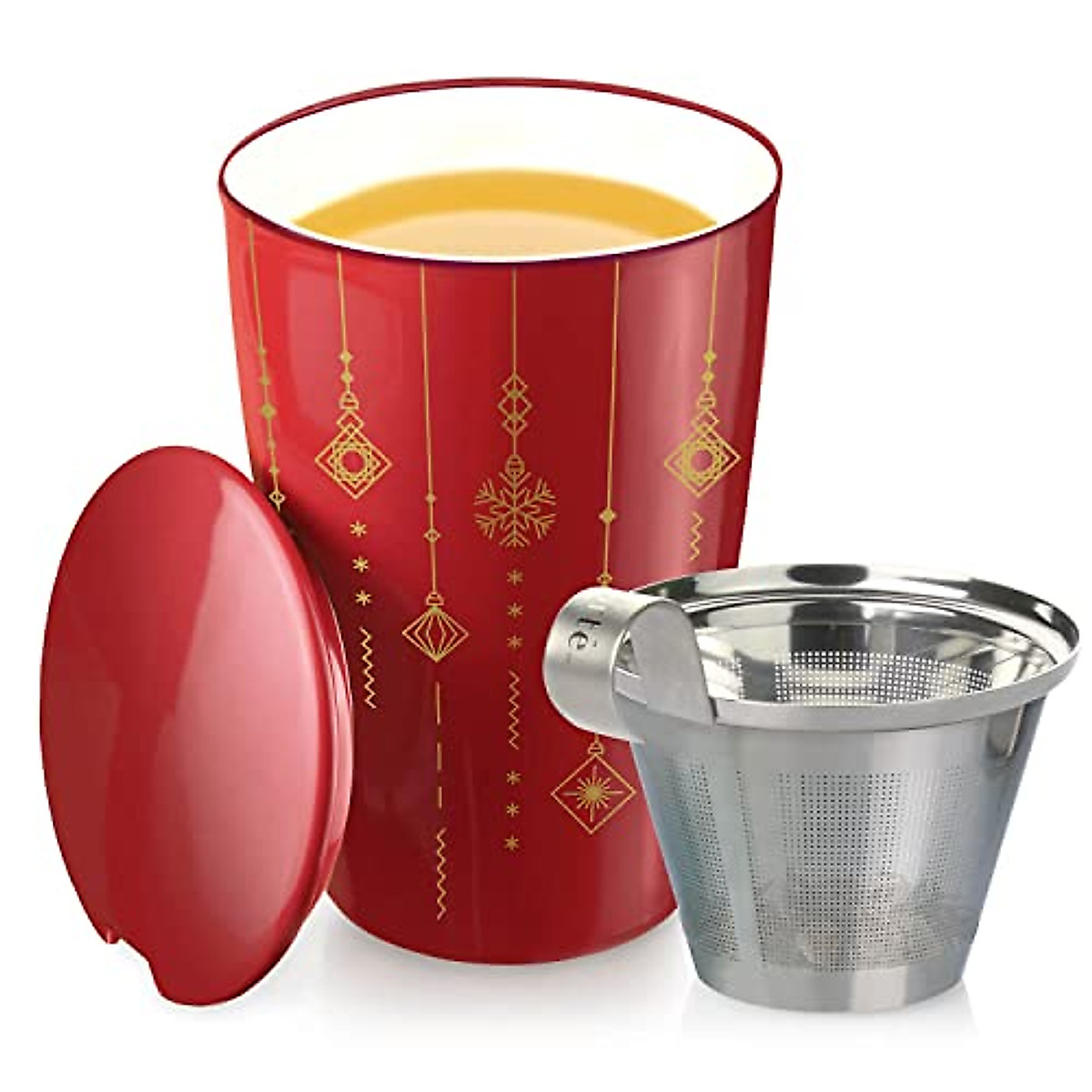 Tea Forte Warming Joy Kati Cup, Ceramic Loose Leaf Tea Infuser Cup with Basket and Lid, 12oz Double Walled Tumbler with Stainless Steel Influser and Gift Box