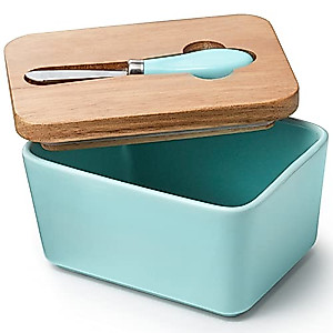DOWAN Butter Dish, Large Ceramic Butter Dish with Lid for Countertop, Farmhouse Butter Keeper with Knife and High-quality Silicone Holds Two Sticks of Butter, Turquoise