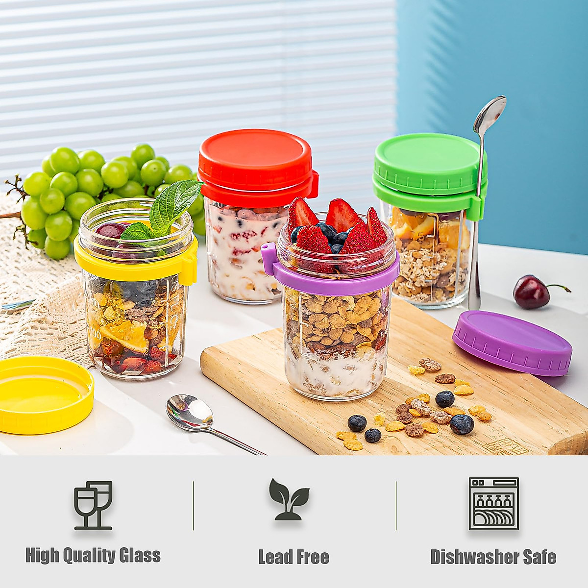 wookgreat Overnight Oats Jars, Overnight Oats Container with Leakproof Lid and Spoon Set of 4, 12 Oz Glass Mason Jars, Large Capacity Wide Mouth Jars with Measure Marks for Cereal Milkshake Meal Prep