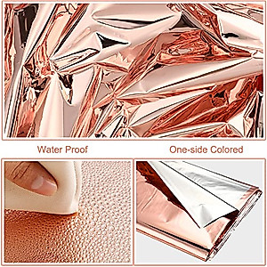 12 Pack Rose Gold Foil Tablecloth Party Rectangular Metallic Table Covers 54 x 108 Inch Shiny Plastic Table Cloths Waterproof Holographic for Christmas Birthday Wedding Anniversary Party Supplies