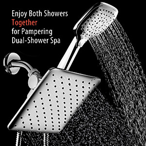 HotelSpa 10.5-in Rain Shower Head/Handheld Combo. Convenient Push-Button Flow Control Button for easy one-handed operation. Switch flow settings with the same hand! Low-Reach Bracket included