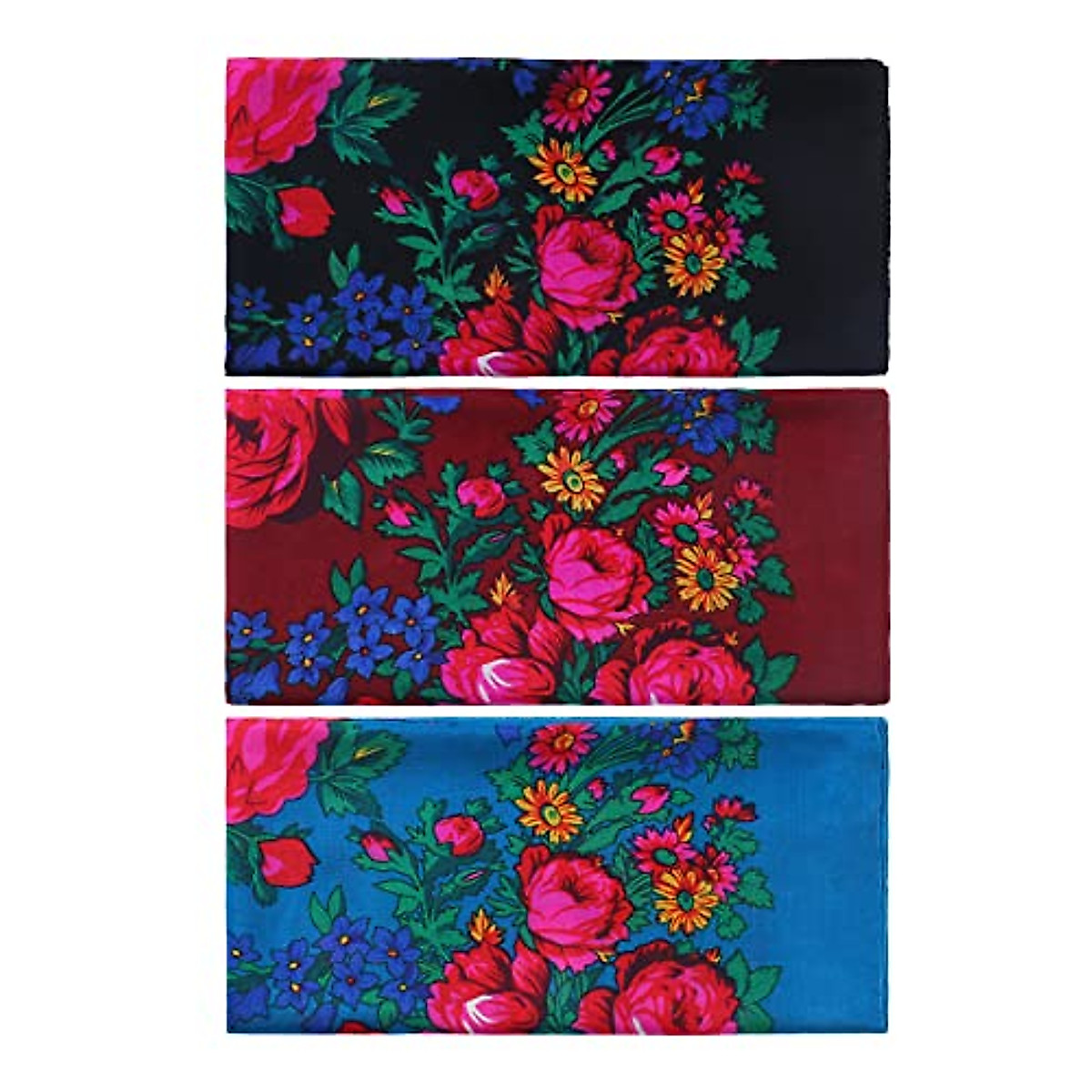MJ SERECA Acrylic Bandana Printed Hair Scarf Square Ukrainian Head Scarf Floral Babushka Neck Scarf for Women 30"/42"/60" (3 Pack-A 30")