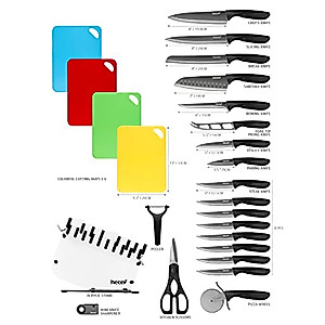 hecef 25 pcs Kitchen Knife Set with Block - 8 Cooking Knives, 8 Serrated Steak Knives, 4 Cutting Mats, Pizza Wheel, Scissors, Peeler, Knife Sharpener & Acrylic Stand (Gray Titanium)