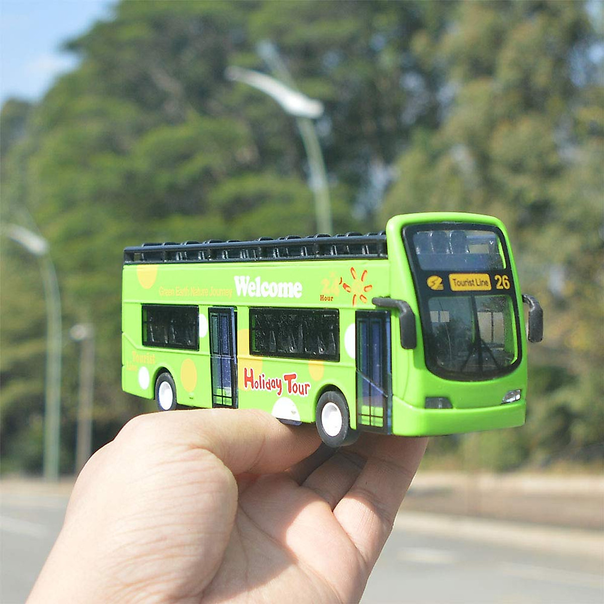 Ailejia City Bus Sightseeing Double Decker Bus Model Open Top Pull Back Vehicles Toy Die Cast Pull Back Vehicles Mini Model Car Lights and Music (Green)