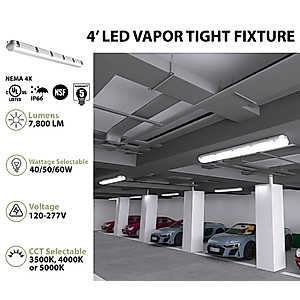WareLight 4FT LED Vapor Tight Fixture, 7800 Lumen Max, CCT and Wattage Selectable, 120-277V