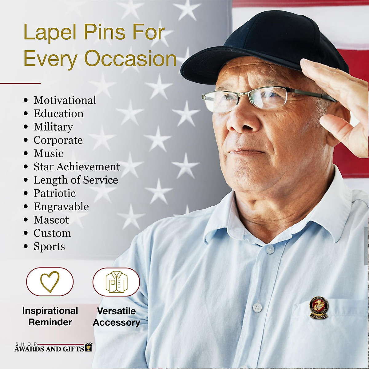 SHOP AWARDS AND GIFTS United States US Marine Corps Veteran Lapel Pin, Retirement and Service, Military Gifts, 1-1/8 inch, 12 Pack