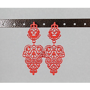 Red Earrings Dangle Post Hinged Door Knocker 2.5" Long Cut Out Lace Adorable Statement Jewelry Earrings for Women