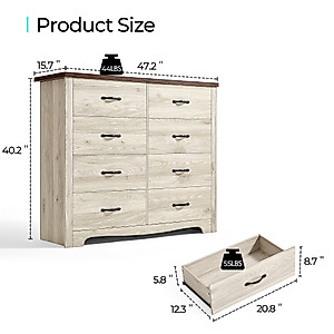 LINSY HOME 8 Drawer Double Dresser, Dresser for Bedroom, Farmhouse Dresser Chest with Wide Drawers, Wood Storage Chest of Drawers for Living Room