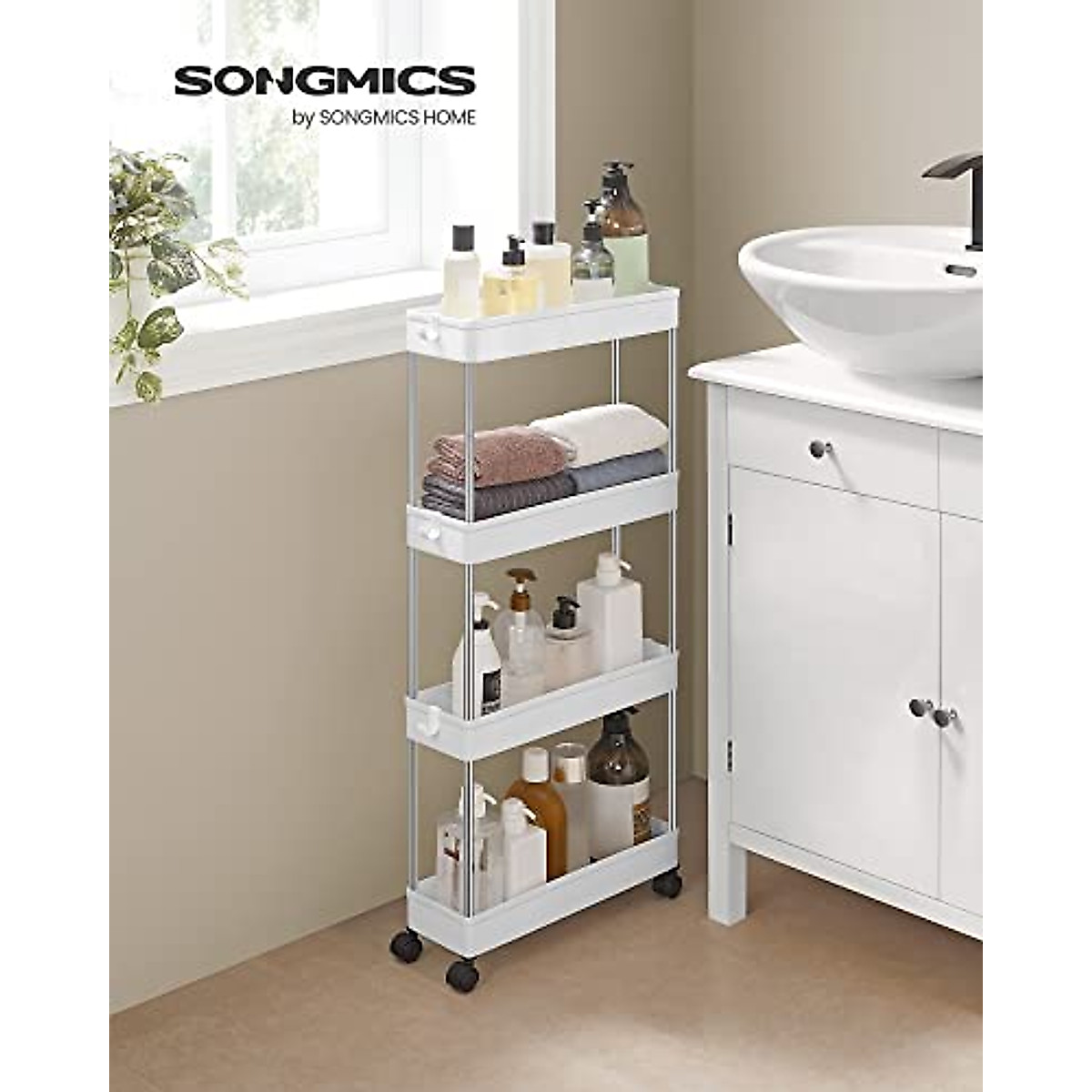 SONGMICS 4-Tier Slide Out Storage Cart, Slim Rolling Cart on Wheels, Slim Storage Cart, Space-Saving Bathroom Storage, Kitchen, Narrow Shelf, 15.7 x 5.3 x 33.9 Inches, White UKSC08WT