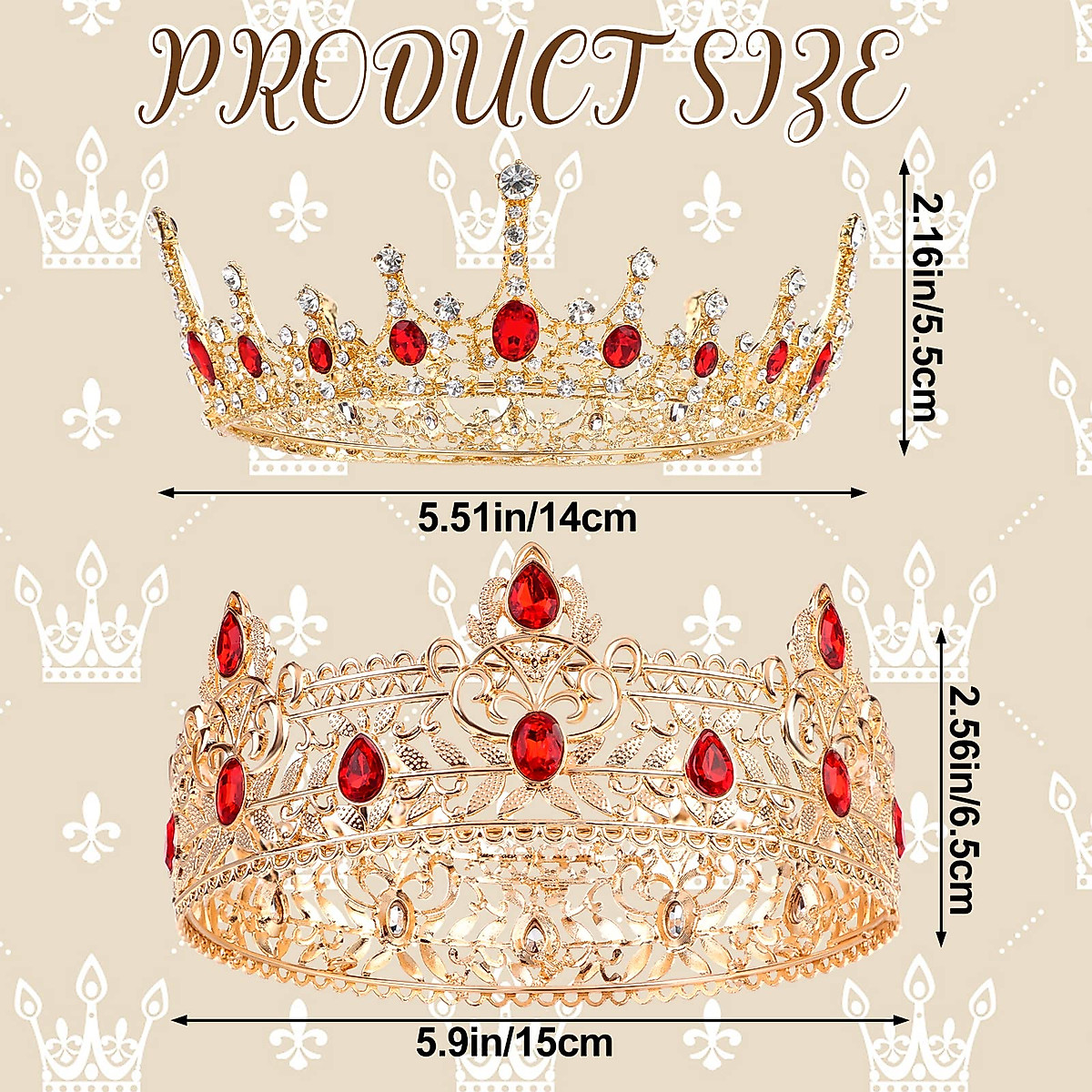 2 Pieces Prom King and Queen Crown Set King Crowns for Men Royal Crown with Red Rhinestone Crystal Crowns for Men Women Princess Crown Tiara Costume Headwear for Wedding Birthday Party Costume