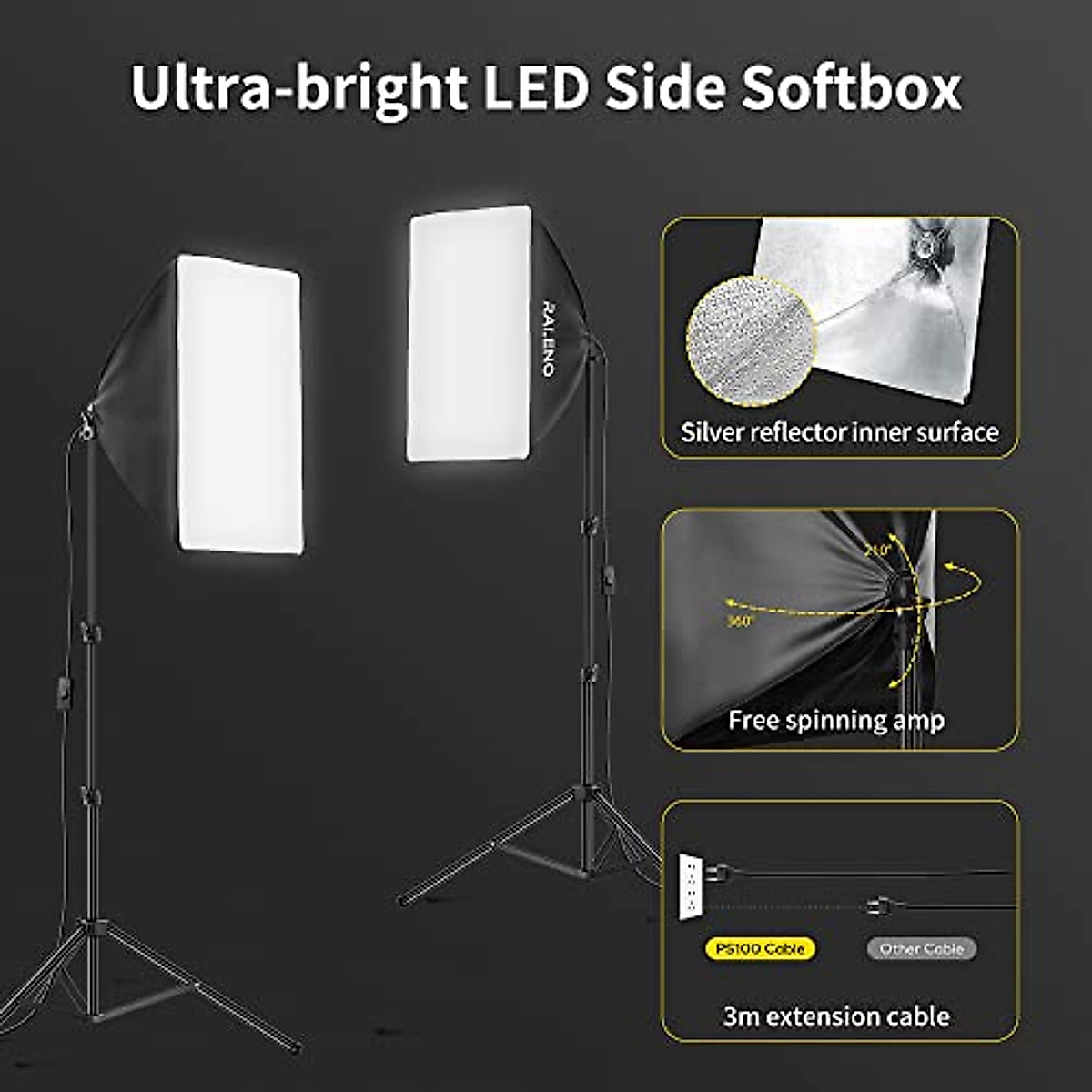 RaLeno Photography Lighting Kit, 2.6m x 3m Background Support System with 3 x 85W 5500K LED Bulbs Softbox and 2-in-1 Reflector, Continuous Softbox Light for Photo Video Shooting
