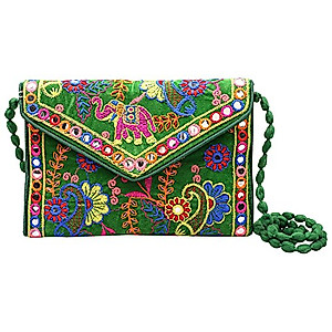 Green Clutch Bags for Women - Rajasthani Hand Embroidered Mini Crossbody Bag Women's Cluches for Wedding Party Gifts