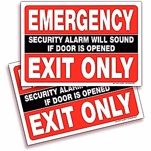 iSYFIX Emergency Exit Only Stickers – 2 Pack 10x7 Inch – Premium Self-Adhesive Vinyl, Laminated UV, Weather, Scratch, Water & Fade Resistance, Security Alarm Will Sound if Door is Opened Sign