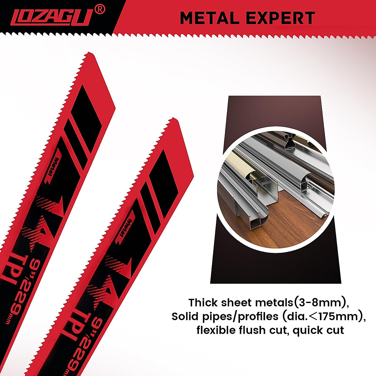 LOZAGU 6-Piece Metal Reciprocating Saw Blades, 9"/229mm 14TPI Bi-Metal Sabre Saw for Metal Pipe, Sheet, Rebar