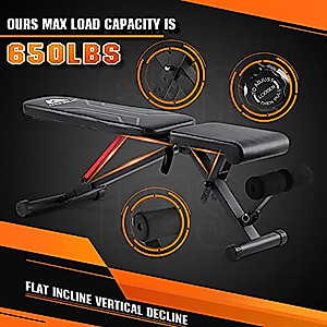 Adjustable weight bench, Foldable Workout Bench with 8+4+3 Angles and Quick Adjustable knob（Automatic Lock) - Weight capacity 650lbs, Easy to assemble