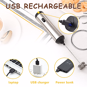 Electric Milk Frother, Handheld with Stainless Steel Stand USB-charging Foam Maker, DOUBLE WHISK Mini Blender and Electric Mixer Coffee Frother for Frappe, Latte, Matcha（USB-charging）